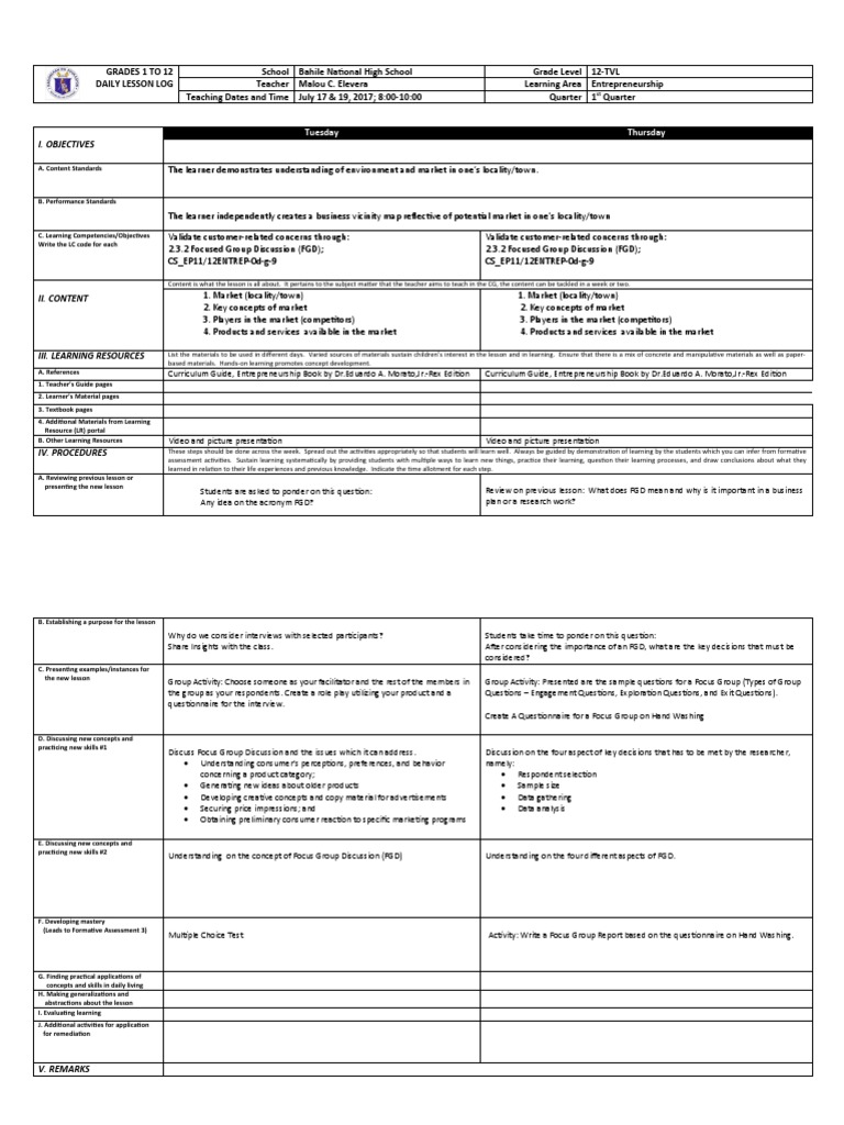 Dll-Entrep 3rd WK July | PDF | Focus Group | Learning