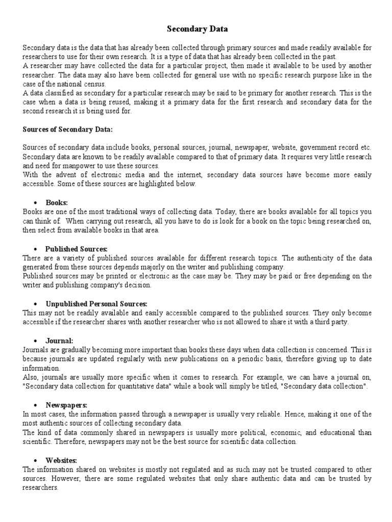 Secondary Data | PDF | Books | Data