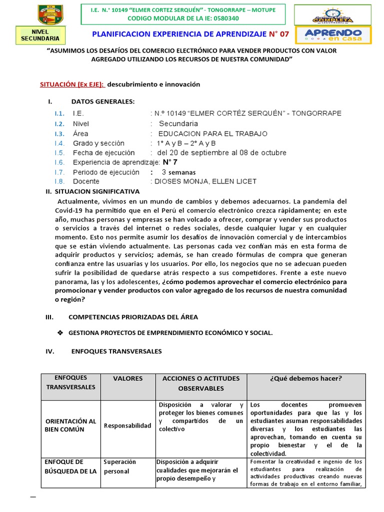 PLANIFICACION EXPERIENCIA DE APRENDIZAJE N 7 1y2 | PDF | Iniciativa empresarial | Comercio ...