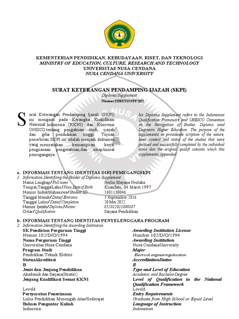 SKPI Diploma Supplement Overview | PDF | Cognitive Science