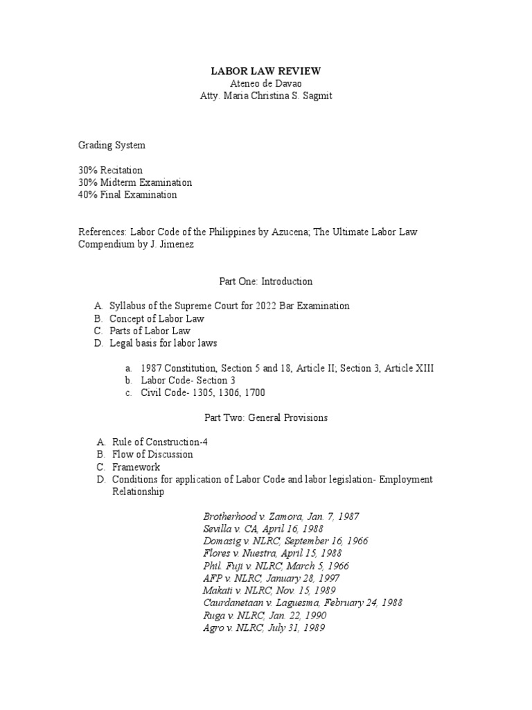 Ateneo Labor Law Review Outline. Part I | PDF | Business | Economies