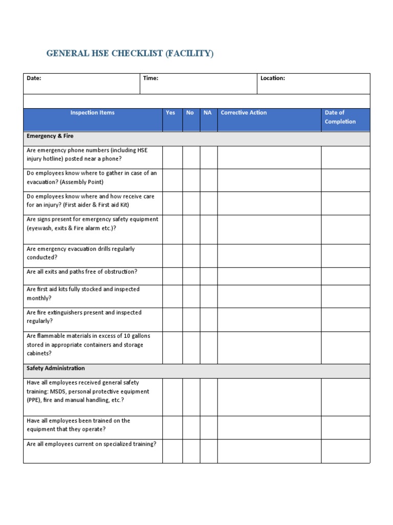 General HSE Facility Checklist | PDF | Personal Protective Equipment ...