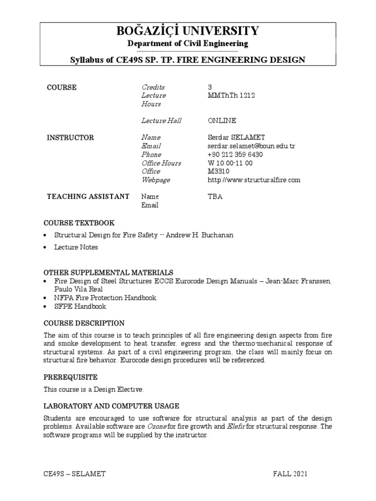 Boğaziçi University: Syllabus of Ce49S Sp. Tp. Fire Engineering Design ...