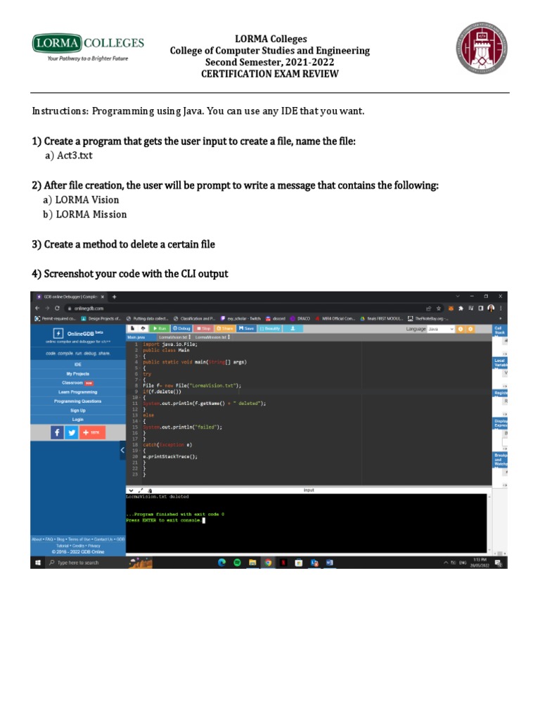 College of Computer Studies and Engineering Second Semester, 2021-2022 Certification Exam Review ...