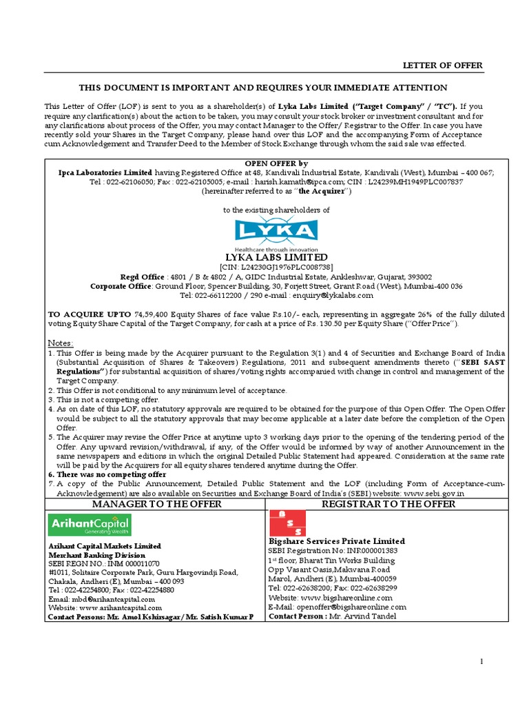 Lyka - LOF Post SEBI Observations - P | PDF | Stocks | Equity (Finance)