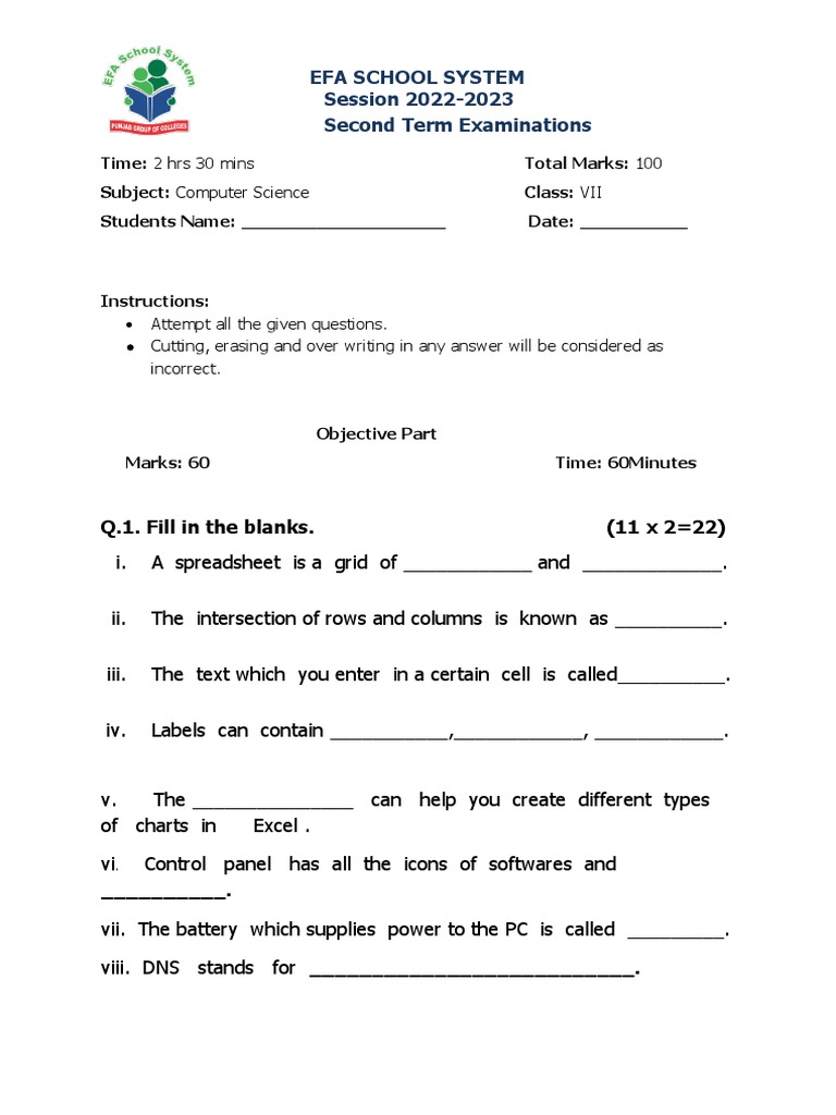 Class 7 Computer Exam Paper 2023 | PDF | Microsoft Excel | Spreadsheet