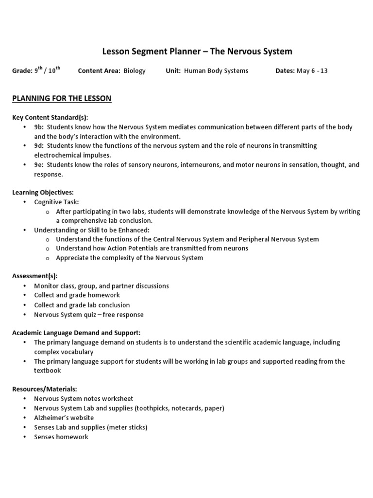 Lesson Segment Planner - The Nervous System | PDF | Nervous System | Neuron