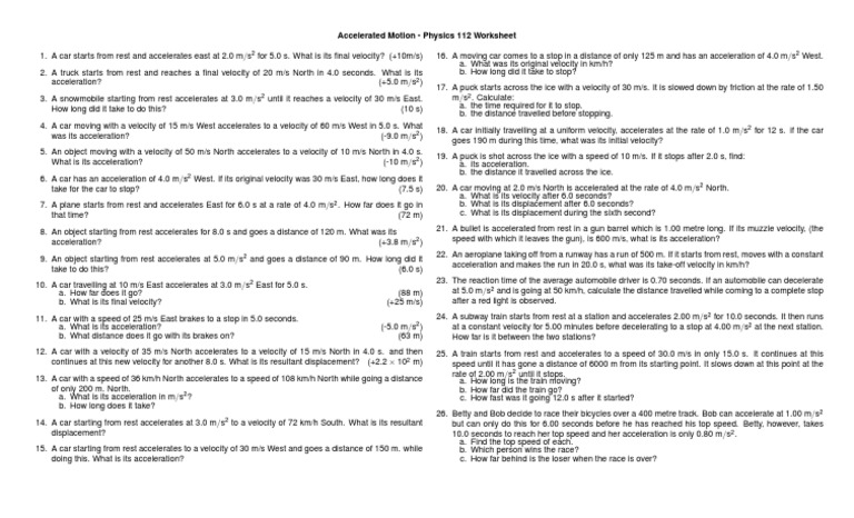 Accelerated Motion - Physics 112 Worksheet | PDF | Acceleration | Velocity