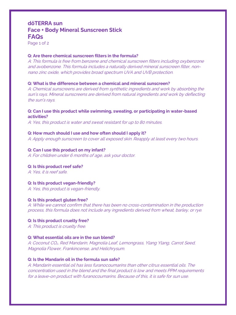 DoTERRA Sun Face + Body Mineral Sunscreen Stick FAQs v2 | PDF ...