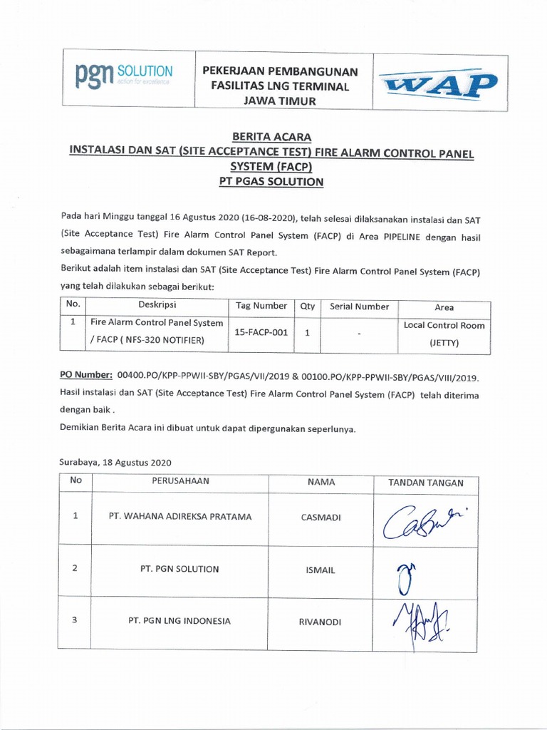 Berita Acara SAT Fire Alarm Control Panel System-FACP (Jetty) - 16-08 ...