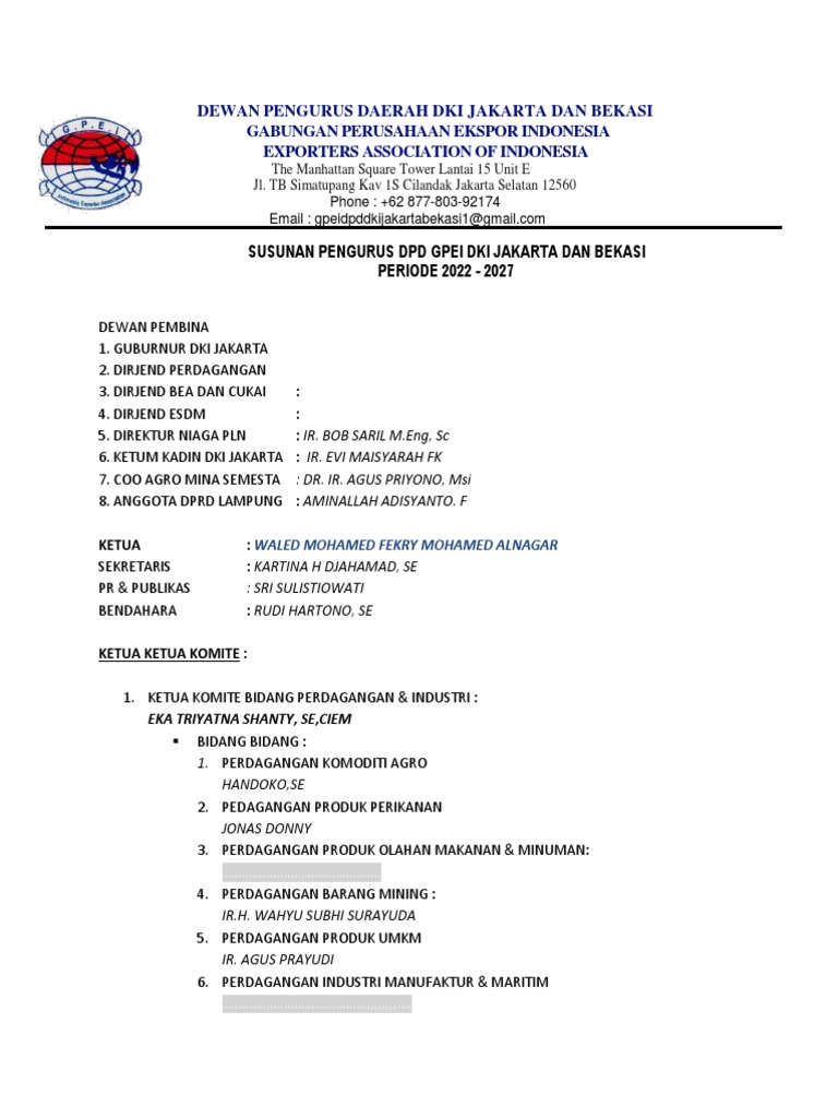 STRUKTUR ORGANISASI DEWAN PENGURUS DPD GPEI DKI JAKARTA DAN BEKASI 2022 ...
