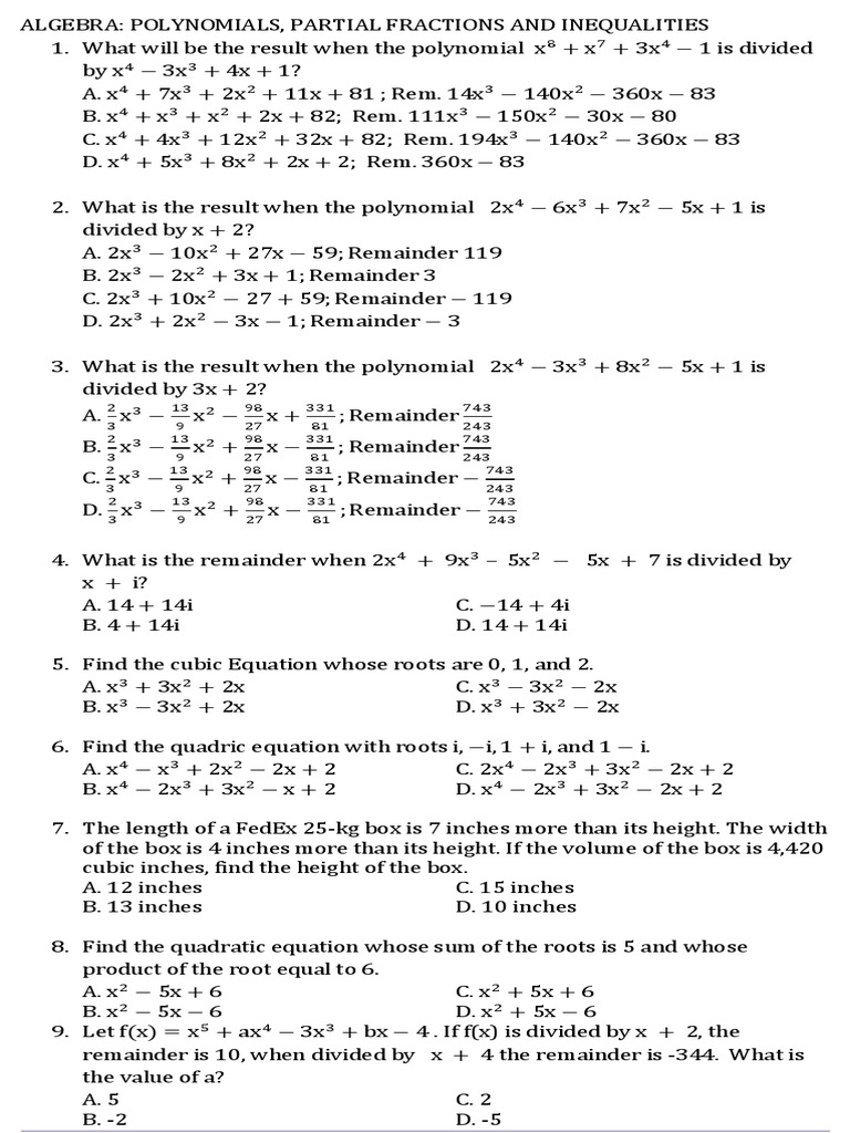 Polynomial Sample Problems | PDF | Polynomial | Mathematical Concepts