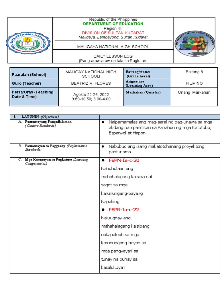 Cot DLL Filipino 8 Final | PDF