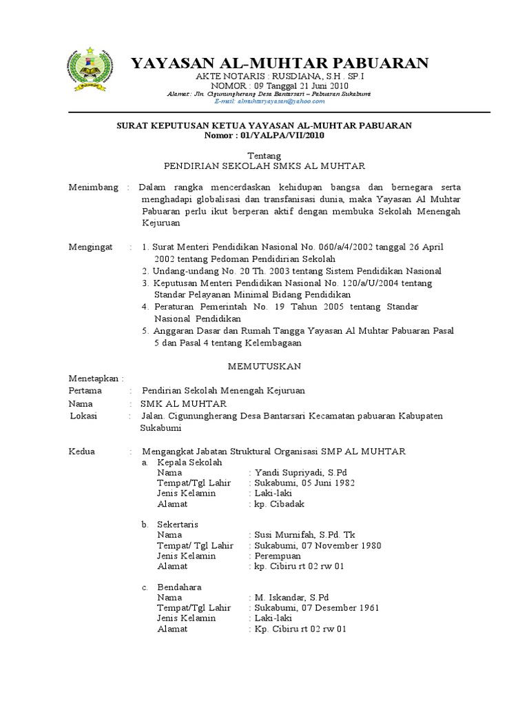 Pendirian SMK Al Muhtar Pabuaran | PDF