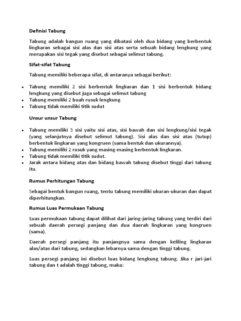 Definisi dan Sifat Tabung Matematika | PDF | Metode & Bahan Ajar