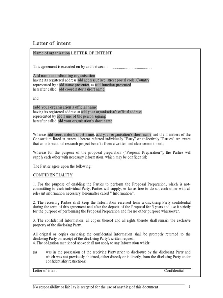 04 Letter of Intent | Negotiation | Confidentiality