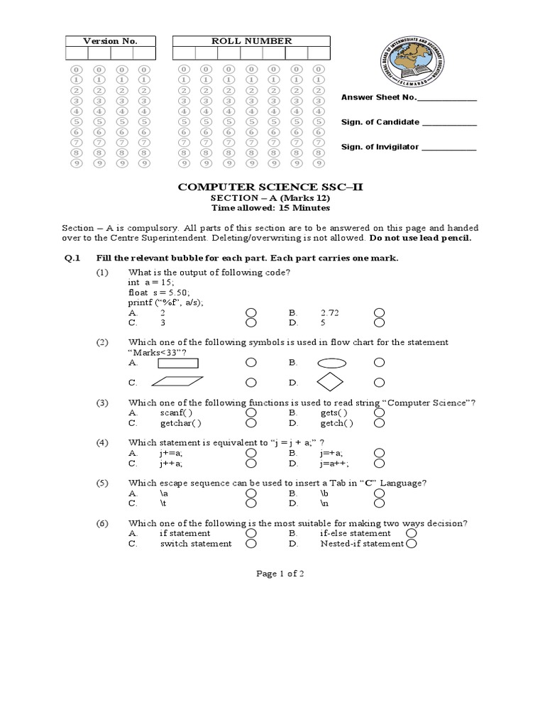 Computer Science Ssc-Ii: Answer Sheet No. | PDF | Control Flow | Software Development