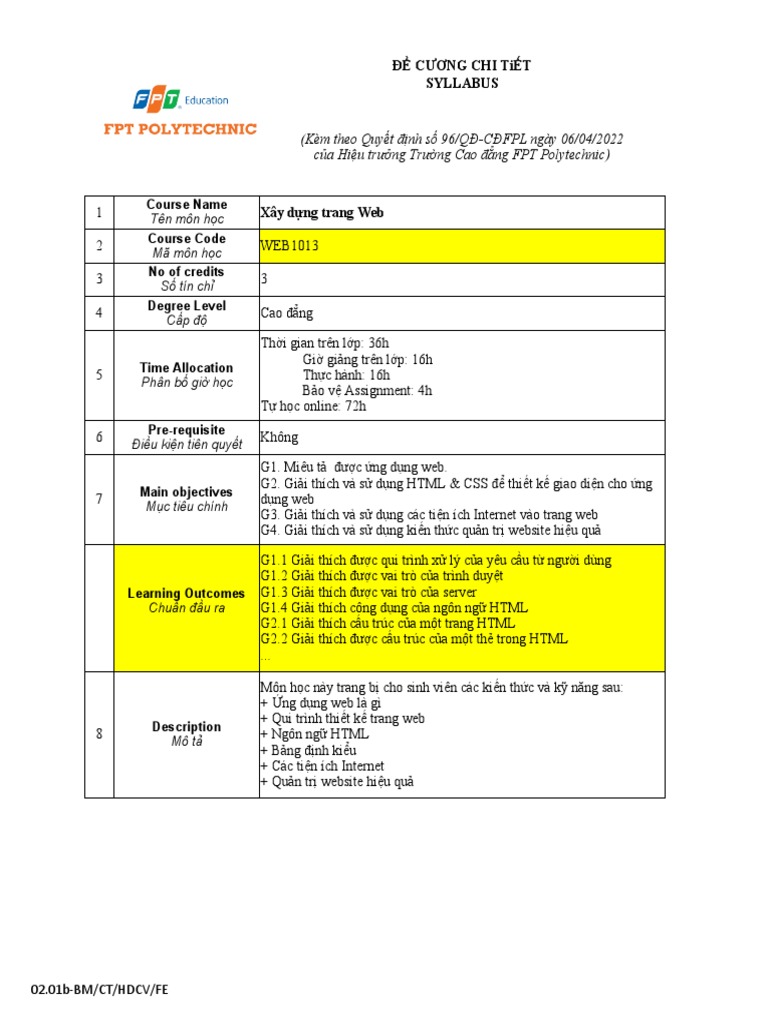 WEB1013 - Xay Dung Trang Web - Syllabus - SU22 | PDF