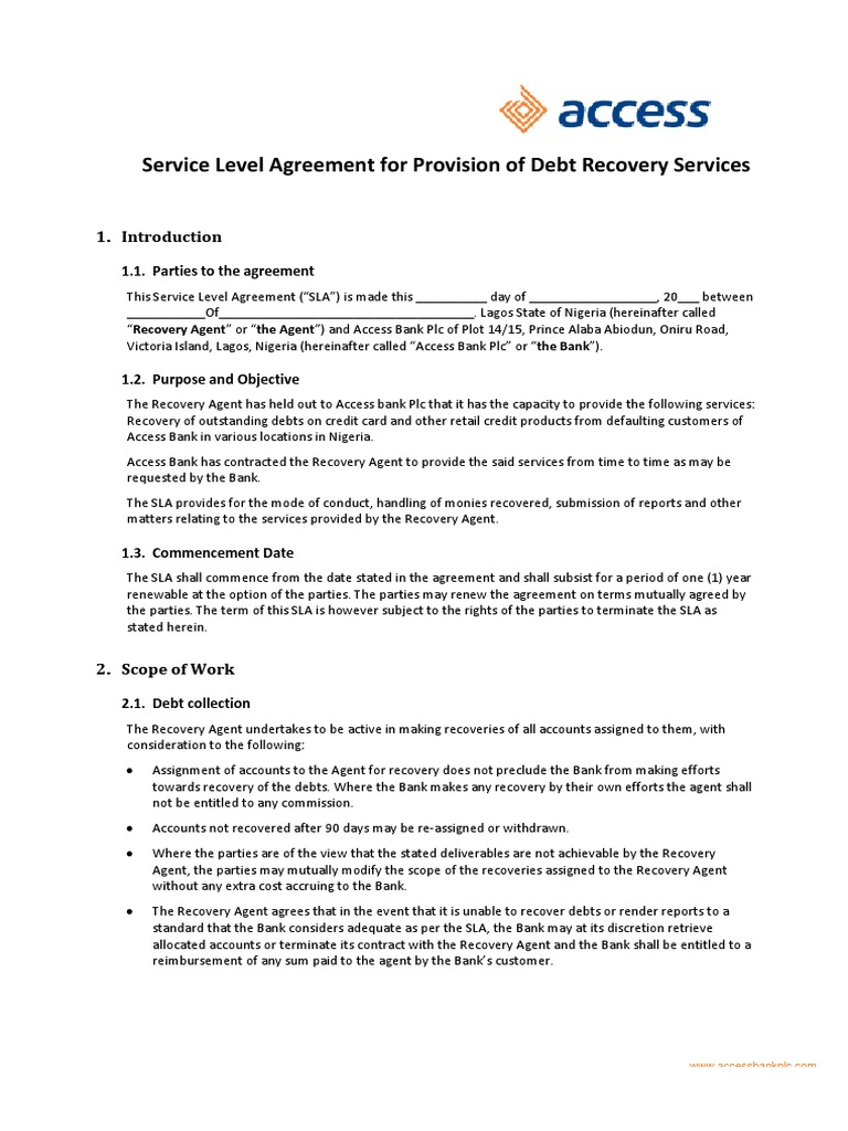 Service Level Agreement (Sla) - Access Bank | PDF | Indemnity | Banks
