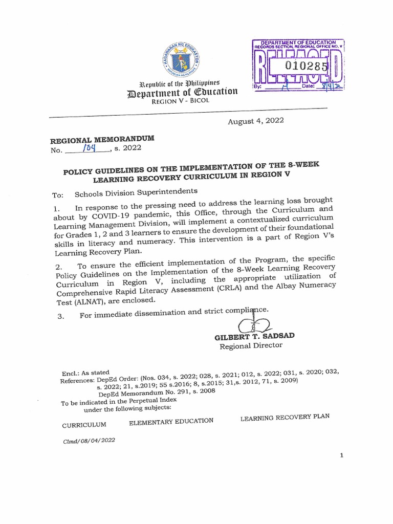 RM 104s.2022 Policy Guidelines On The Implementation of The 8 Week LRC | PDF