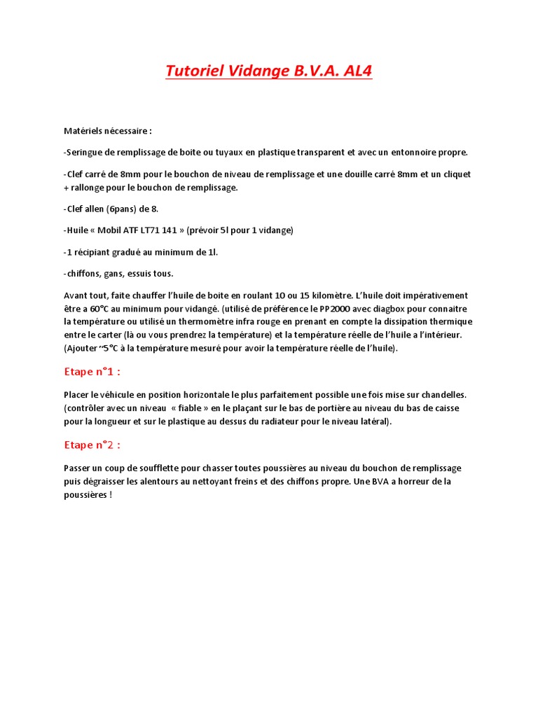 Tutoriel Vidange Bva Al4 | PDF | Véhicules | Technologie des véhicules
