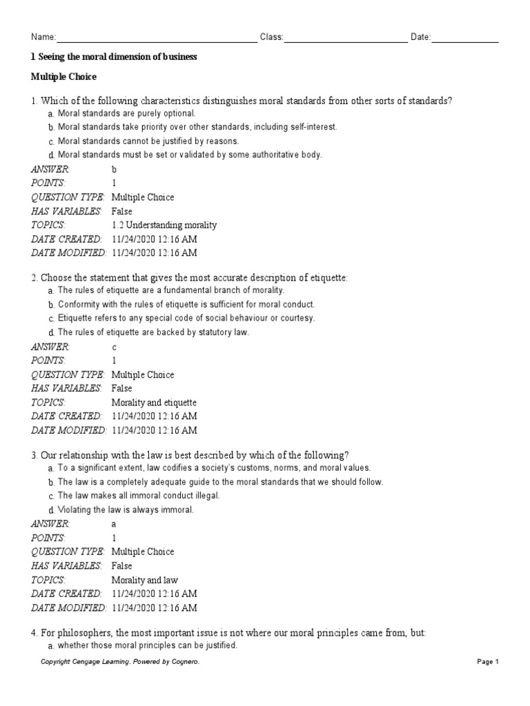 BMO2004 PRACTISE Assessment MCQ TEST SAMPLE Chapter 1 Moral Dimensions ...