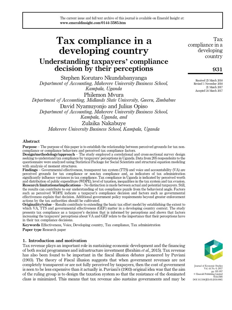 Tax Compliance in A Developing Country: Understanding Taxpayers ' Compliance Decision by Their ...