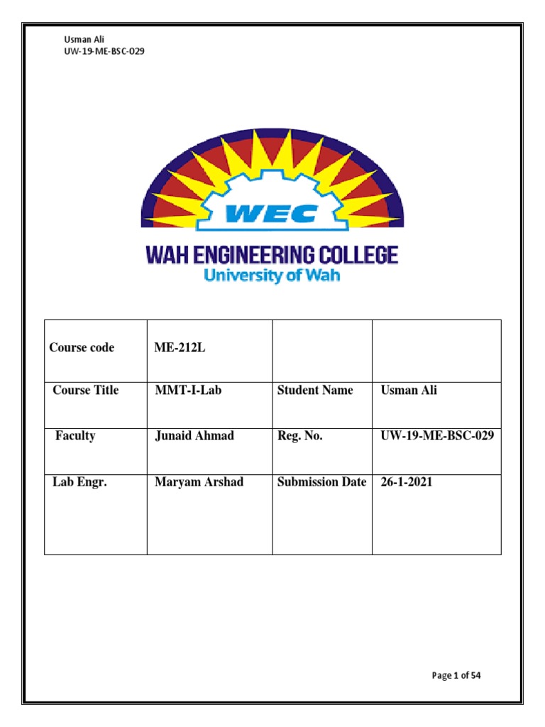 MMT-1 LAB Report Usman Ali UW-19-ME-BSC-029 | PDF | Beam (Structure) | Bending
