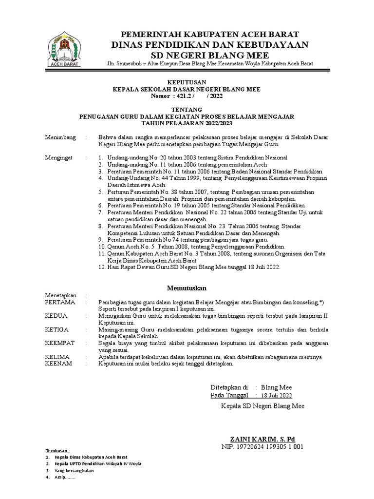 SK Pembagian Tugas 2022 | PDF