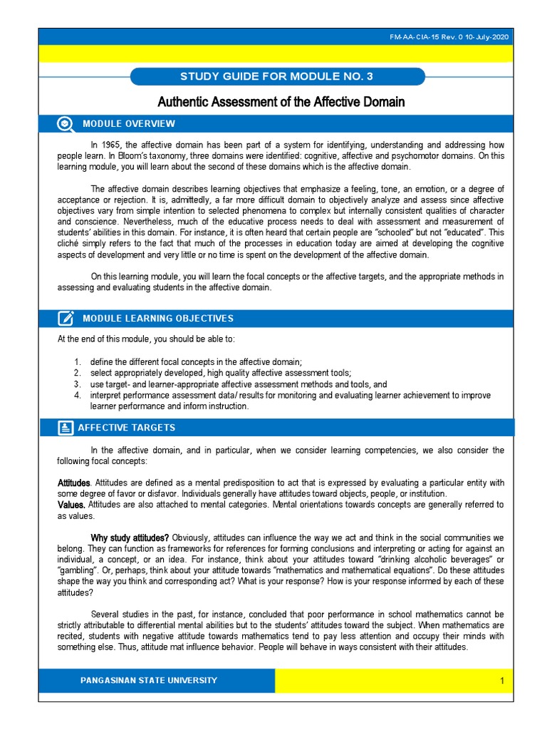 Authentic Assessment of The Affective Domain: Study Guide For Module No. 3 | PDF | Motivational ...