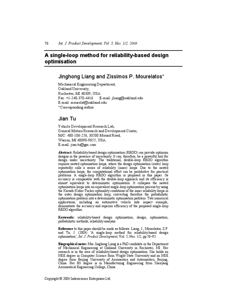 A Single Loop Method For Reliability Based Design Pdf Mathematical