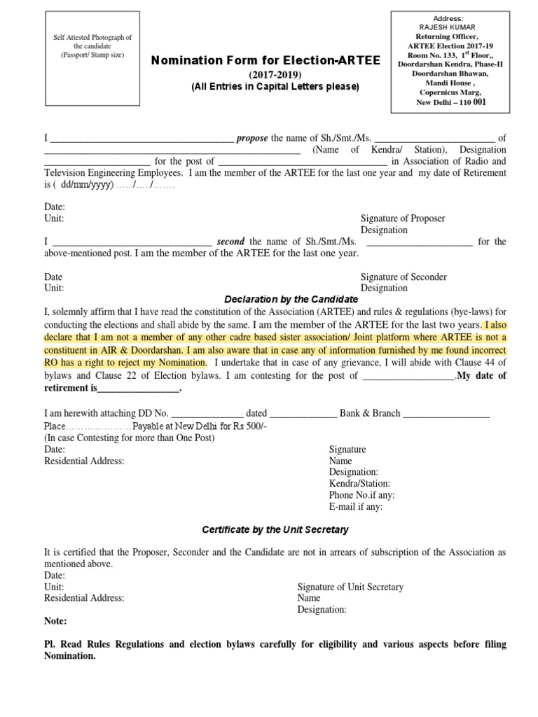 Nomination Form For Election-ARTEE: I Am The Member of The ARTEE For ...