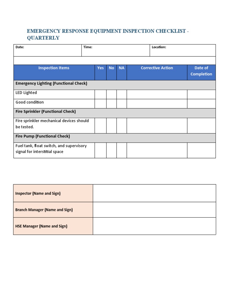 Emergency Response Equipment Inspection Checklist - Quarterly | PDF