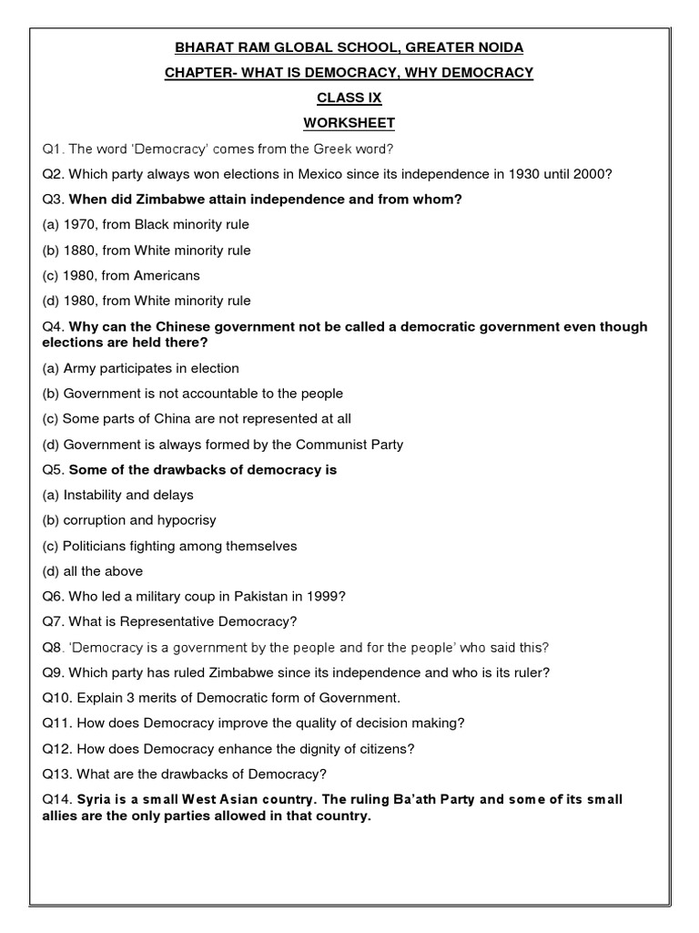 Class 9 Democracy Worksheet | PDF | Social Science | Travel