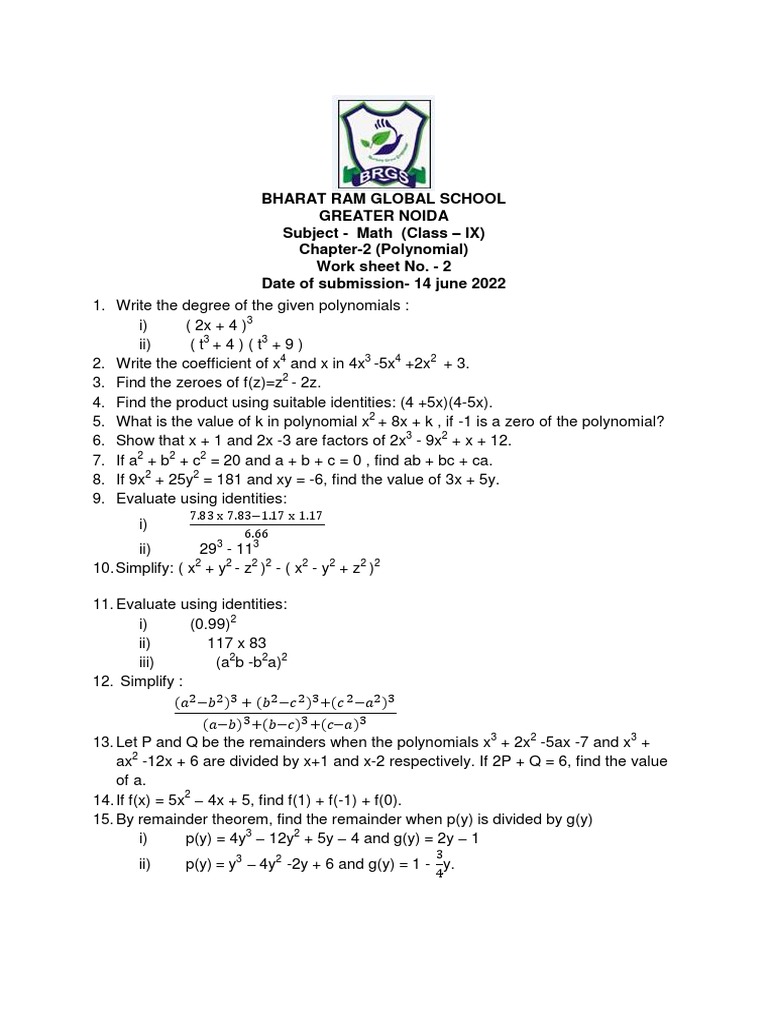 Worksheet No. 2_ Ch-2-Polynomials | PDF | Factorization | Polynomial