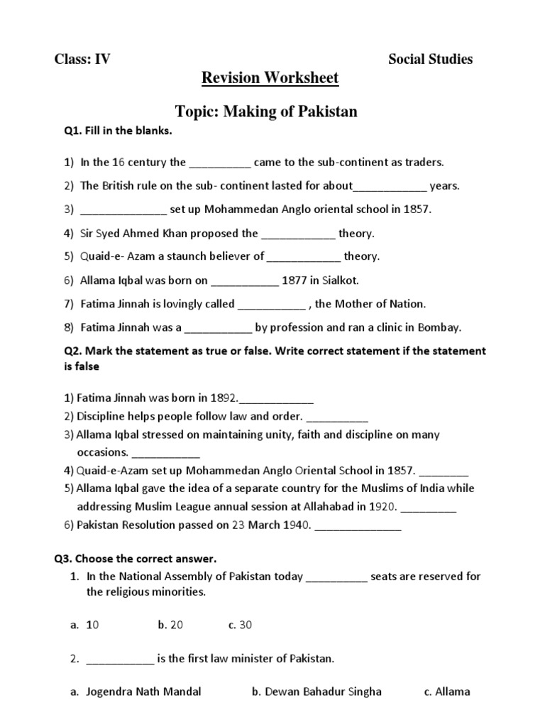 Revision Worksheet Topic: Making of Pakistan | PDF | Muhammad Ali ...