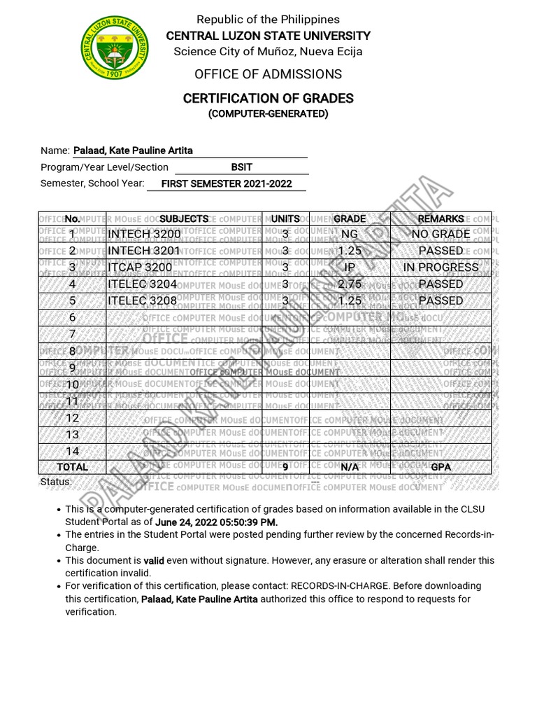 Palaad Kate Pauline Artita: Office of Admissions Certification of ...