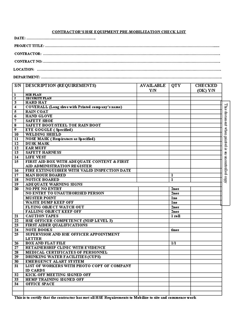 Pre Mob Checklist | PDF | Occupational Safety And Health | Safety