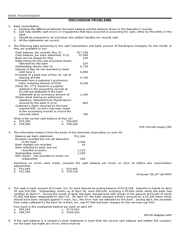 Bank Reconciliation Problems For Discussion | PDF | Cheque | Banks