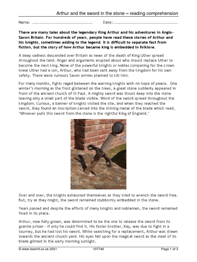 Arthur and The Sword in The Stone - Reading Comprehension: © WWW ...