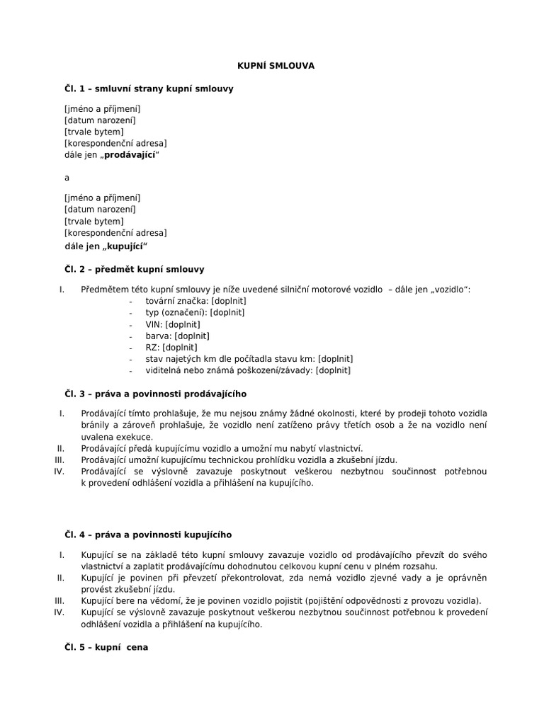 Srovnejto Vzor Kupni Smlouva Vozidlo | PDF