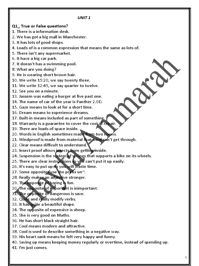 Q1 - True or False Questions?: Unit 1 | PDF | Syntax | Grammar
