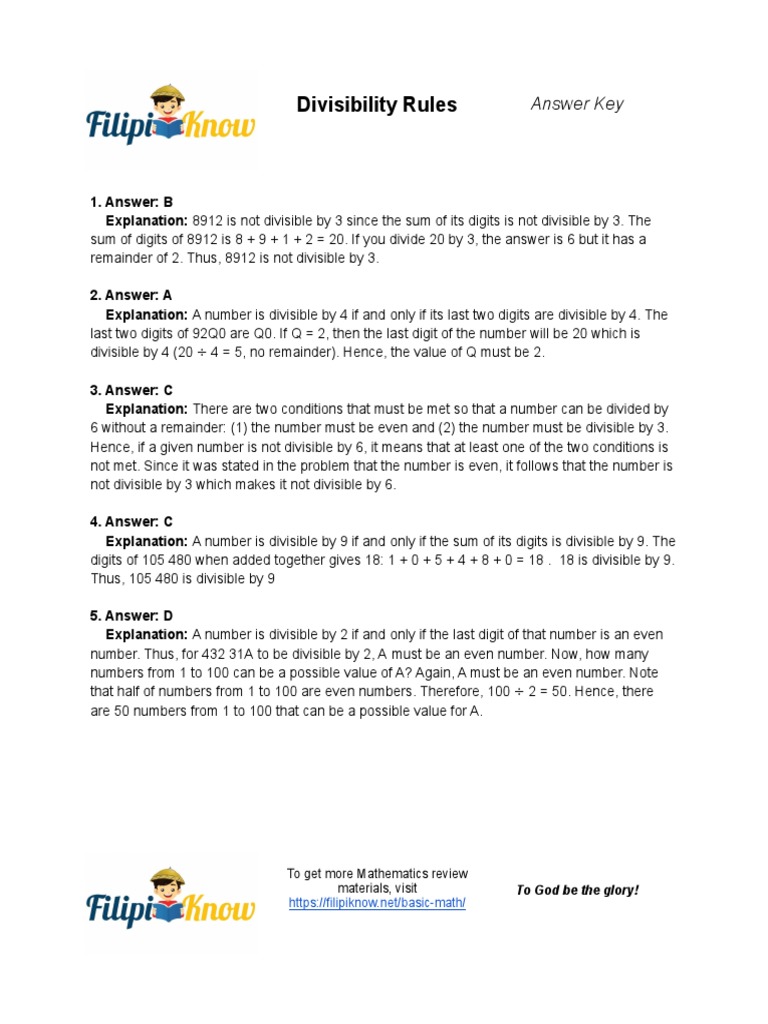 Divisibility Rules Answer Key | PDF