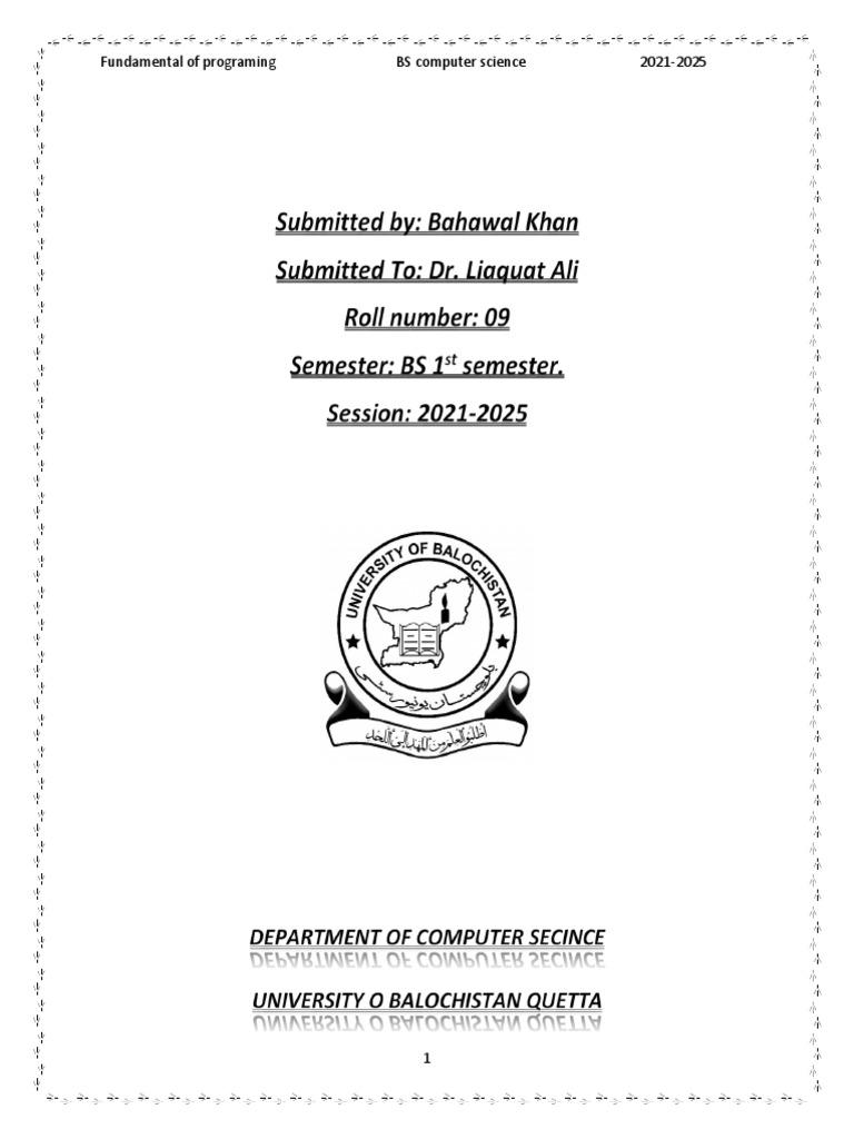 Fundamental Of Programing Bs Computer Science 2021 2025 Pdf Object Oriented Programming