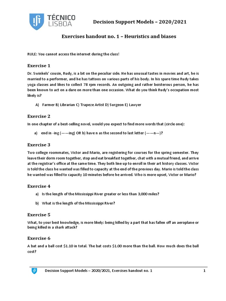 Decision Support Models Exercises - Heuristics and Biases | Download ...