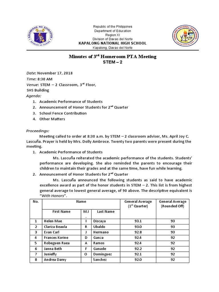 3rd Homeroom PTA Meeting Minutes | PDF