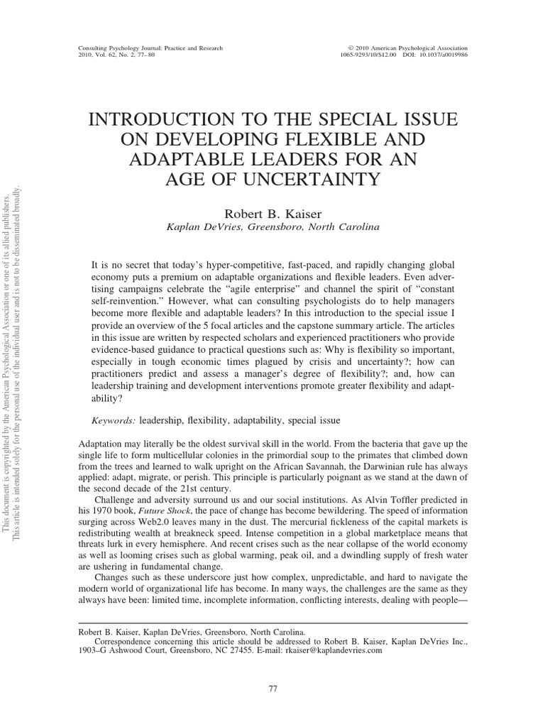 Introduction To The Special Issue On Developing Flexible and Adaptable Leaders For An Age of ...