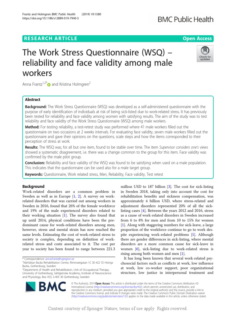 The Work Stress Questionnaire WSQ - Reliability An | PDF | Occupational ...