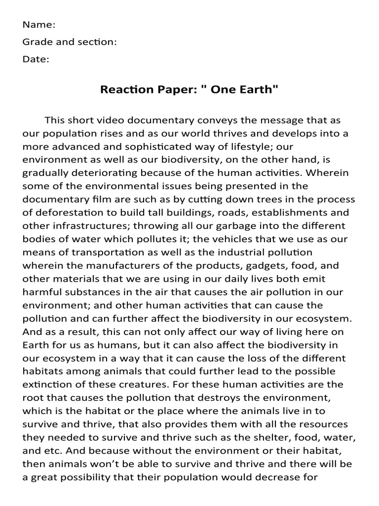 Reaction Paper-One Earth | PDF | Human Impact On The Environment ...