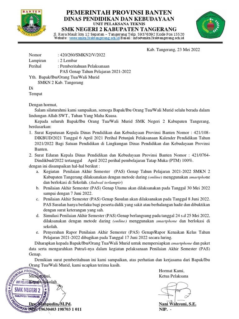 Surat Pemberitahuan Orang Tua PAS Genap 2021-2022 | PDF